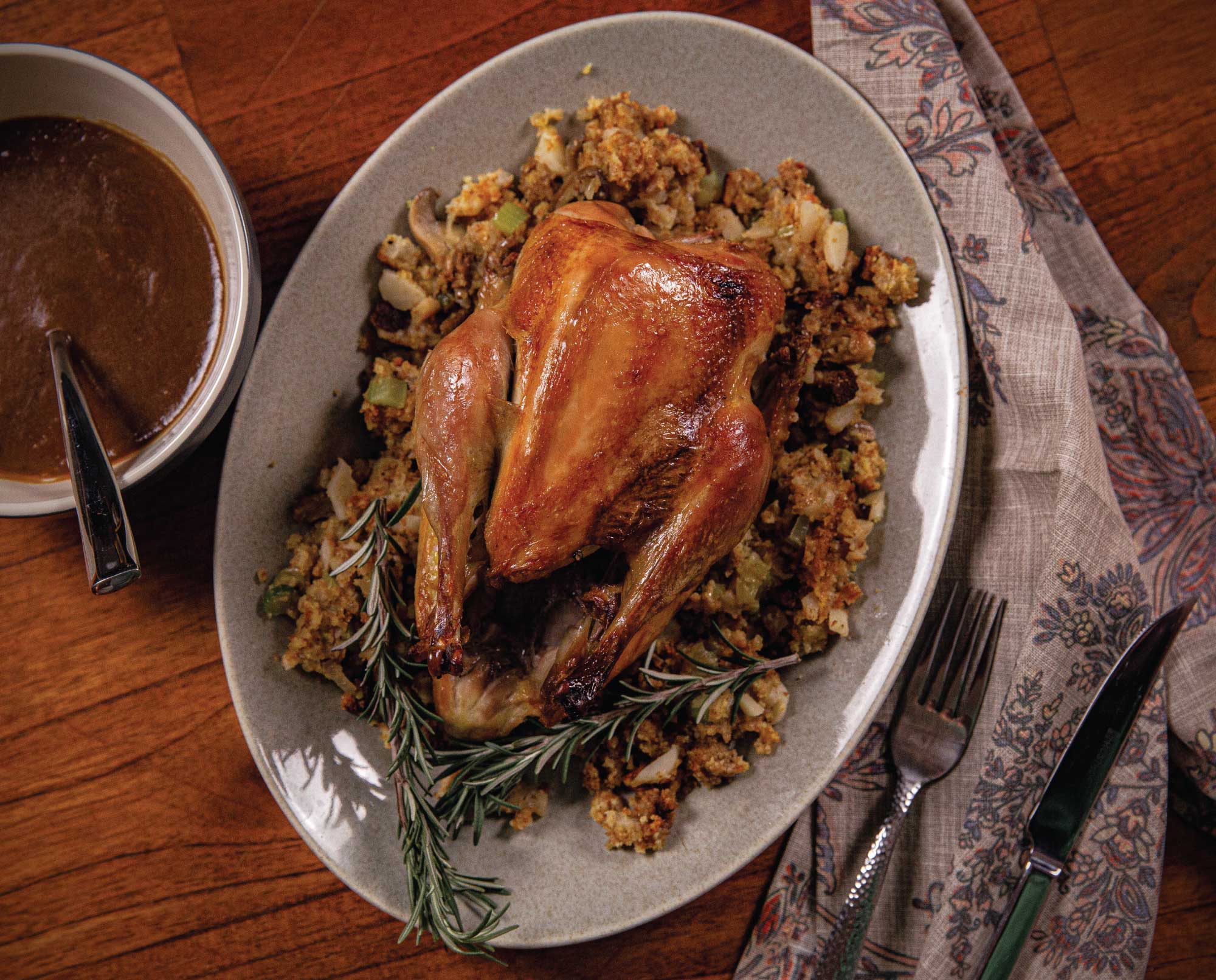 Roasted Pheasant with Gravy and Cornbread Stuffing - Project Upland
